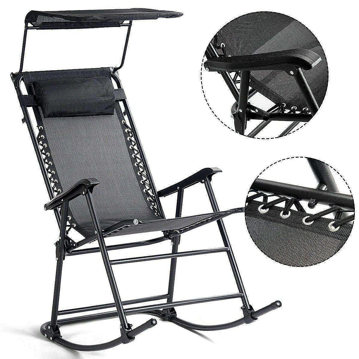 UYSB Folding Rocking Chair Gravity Furniture Sunshade Canopy Black Chair Rocking Chair Rocker Chair Rocker Camp Chair Rocker Recliner Rocking Camp Chair Rocking Chairs Outdoor Rocking ch