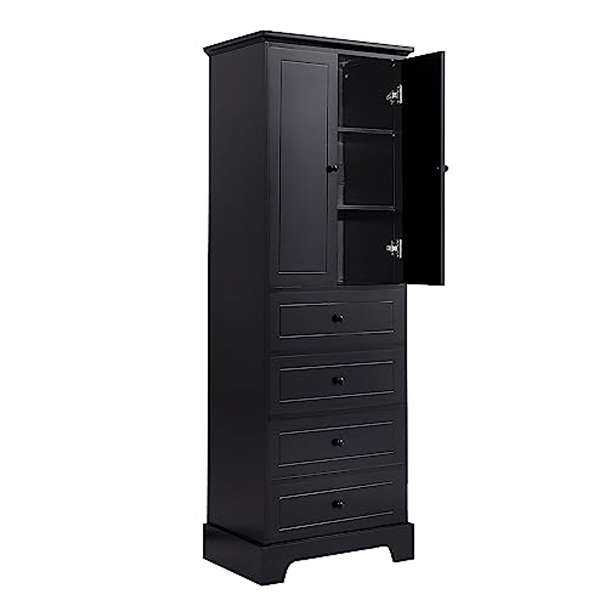 HESIEU Freestanding Storage Cabinet with 2 Doors and 4 Drawers Internal Adjustable Shelves Anti-Tip Fittings Round Metal Handle for Bathroom, Bedroom and Dining Room (Black)