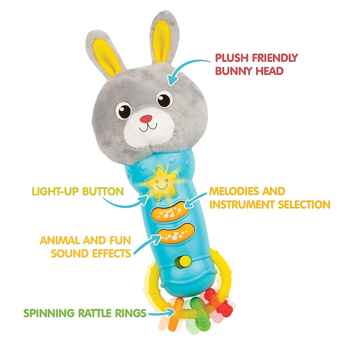 Bambiya Easter Bunny Baby Teething Toy for 6 Months and Up - Baby Teether, Rattle & Musical Toy with Lights, Fun Sound Effects - Baby Easter Basket Stuffer