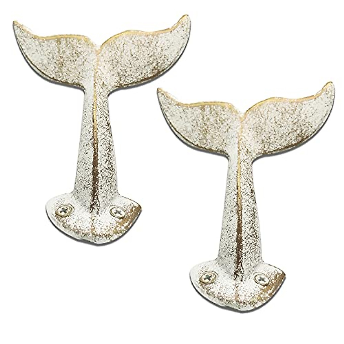BECUTY Set of 2 Cast Iron Wall Hook-Unique Whale Tail Shape (Gold & White Finish)