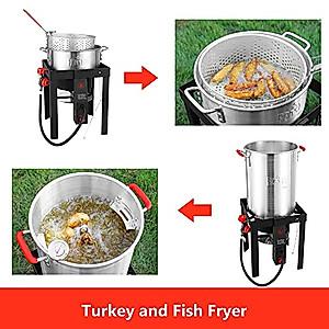FEASTO 4 in 1 Turkey and Fish Fryer Set with 30 Qt & 10 Qt Aluminum Pots, Electronic ignition Outdoor Propane Gas Cooker with Adjustable 0-10 PSI Regulator, Non-Assembly Frame Stand