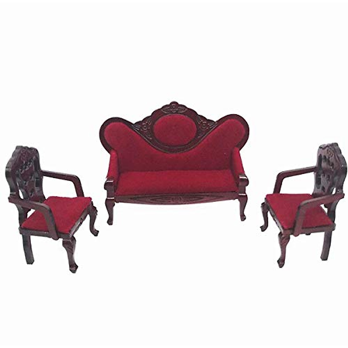 EatingBiting 1:12 Miniature Living Room Furniture Vintage Red Wooden Sofa Armchair Couch Table 3pcs Set Sofa + 2 Chairs
