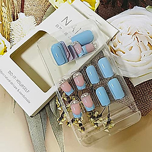 24 Pcs Square Press on Nails Short Fake Nails Blue Glittering Sequins with Rhinestones Exquisite Design Glossy Glue on Nails Full Cover French Tip False Nails Acrylic Nails for Women Girls Daily Wear