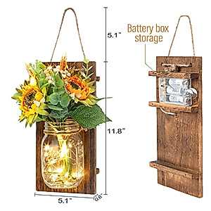 Adeeing Mason Jar Wall Decor, Rustic Wall Sconces with LED Lights Remote Control, Farmhouse Hanging Decorative Sconce Jars for Living Room, Hallway, Bedroom (Sunflowers Set of 2)