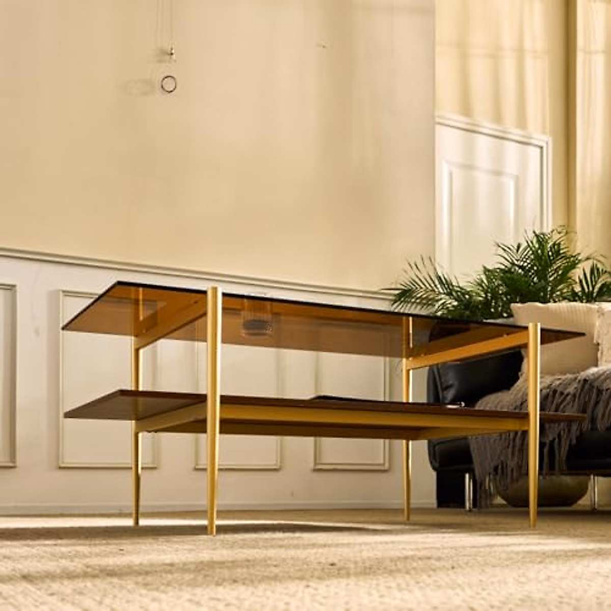 Saint Mossi Tadio Double Layer Glass Coffee Table for Living Room, Brown Glass & Coffee Brown MDF Bottom Shelf