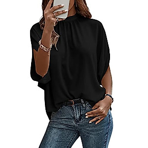 Verdusa Women's Casual Tie Back Dolman Sleeve Mock Neck Blouse Top Black L