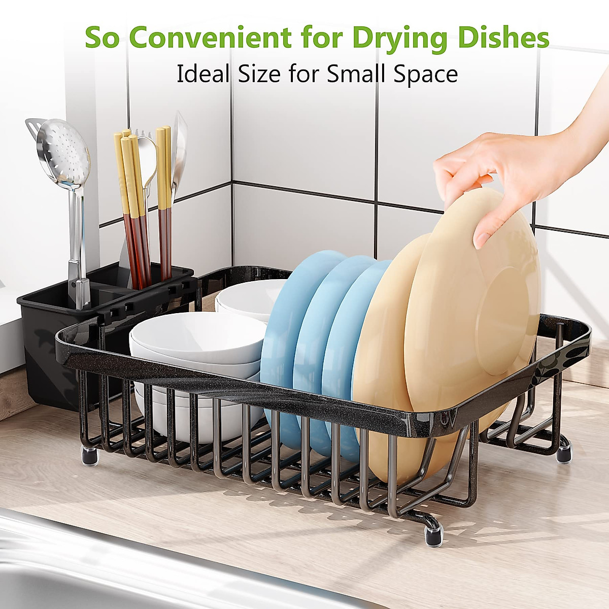 1Easylife Dish Drying Rack with Anti Rust Frame, Small Dish Drainer Rack for Kitchen Counter, Sink Dish Rack on Counter with Utensil Holder and Non-Slip Rubber Feet Rustproof for Organizer Storage