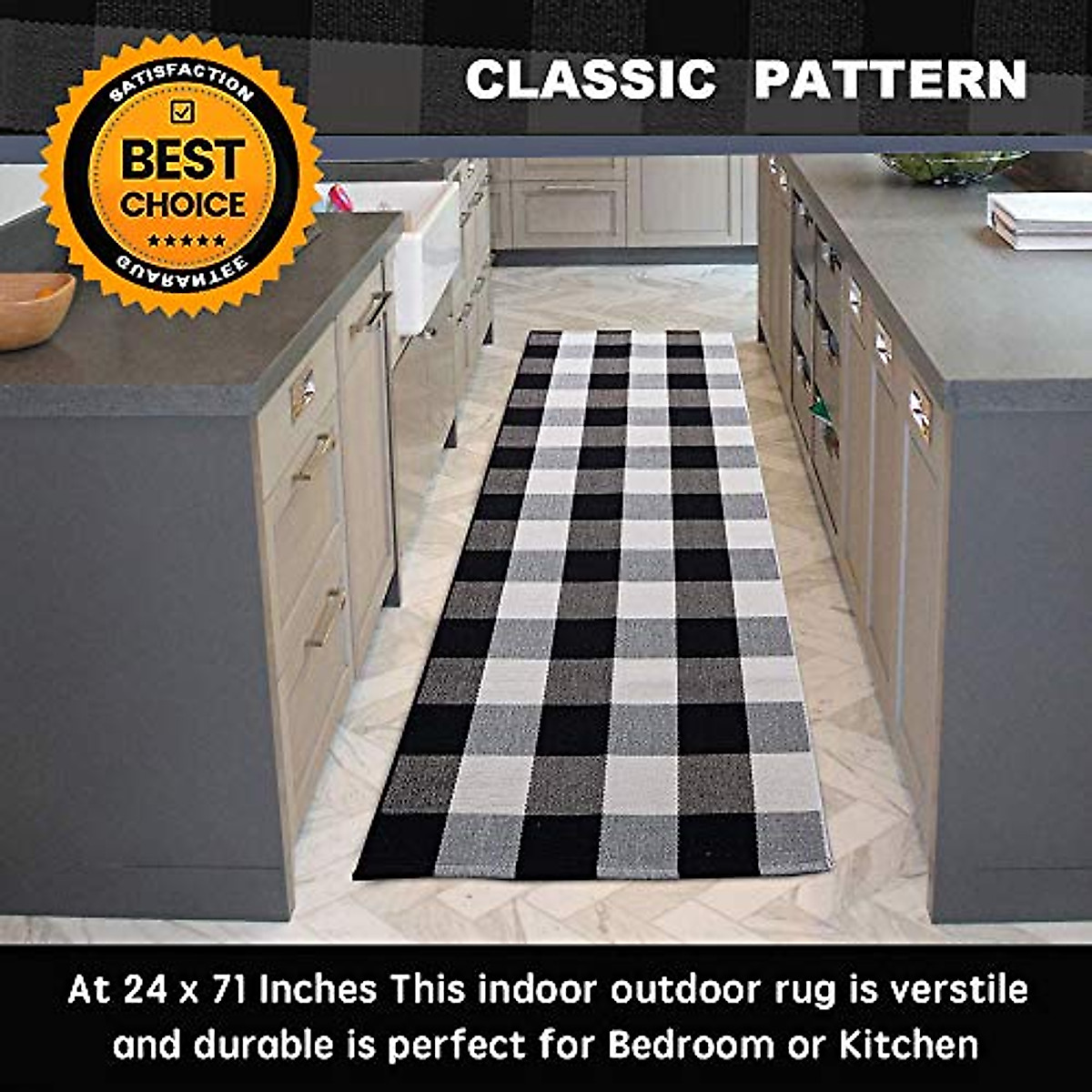 KaHouen Buffalo Check Runner Rug (24 x 71 Inches),Hand-Woven Buffalo Plaid Runner Rugs, Black and White Checkered Outdoor Rugs for Kitchen/Living Room/Bathroom/Laundry Room (2x6 ft, Checkered Carpet)