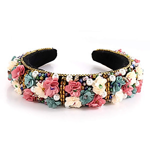 CENAPOG Baroque Crystal Rhinestone Headbands Flower Padded Hairbands for Women Girls Pearl Colorful Bead Embellished Headbands Bejewelled Wide Velvet Hair Hoop for Wedding Bridal Parties (flower)