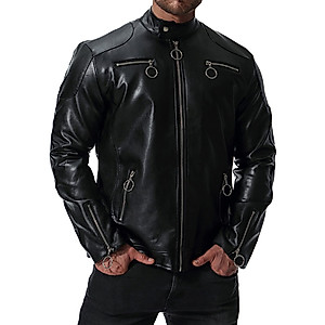 Maiyifu-GJ Men's Casual Faux Leather Jacket Stand Collar Retro Motorcycle Jacket Long Sleeve Zip Up Coat with Zipper Pockets (Black,Large)
