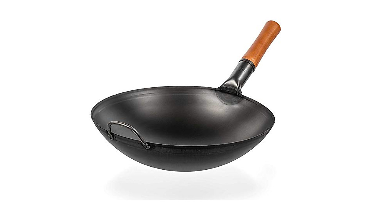 YOSUKATA 14-inch Carbon Steel Wok with Wooden Lid | Premium Stir Fry Pan