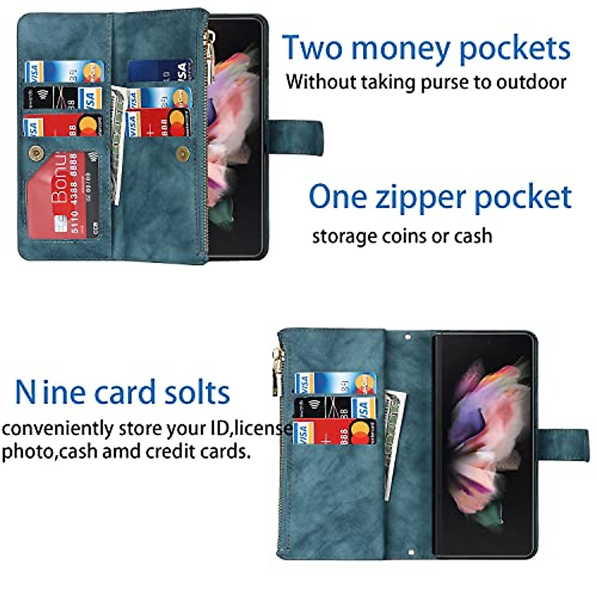 Cavor for Samsung Galaxy Z Fold 3 Crossbody Wallet Case with S Pen Holder, Leather Magnetic Closure Zipper Pocket Case with Card Slots Kickstand Feature TPU Shockproof Flip Cover,Light blue