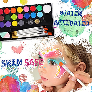CCbeauty 180pcs Face Painting Kit for kids - 20 Water Based Kids Face Paint Non Toxic Sensitive Washable with 40+4 Reusable Stencils 6 Wood Brushes Glitter,Christmas Birthday Cosplay Costume Party
