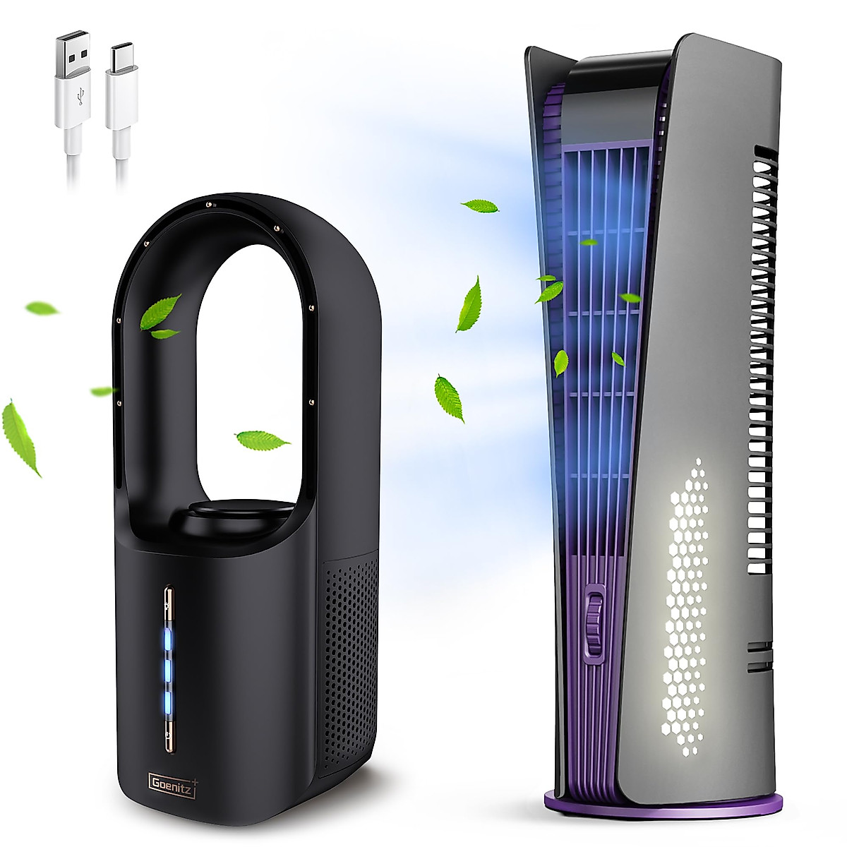 CONBOLA Portable Tower Fan, Bladeless Desk 16 Inch 10000mAh Battery Operated Rechargeable Fan Oscillating Standing Fan with 3 Speeds Timer LED Light, Small Personal Quiet Table Fans for Bedroom, Gray