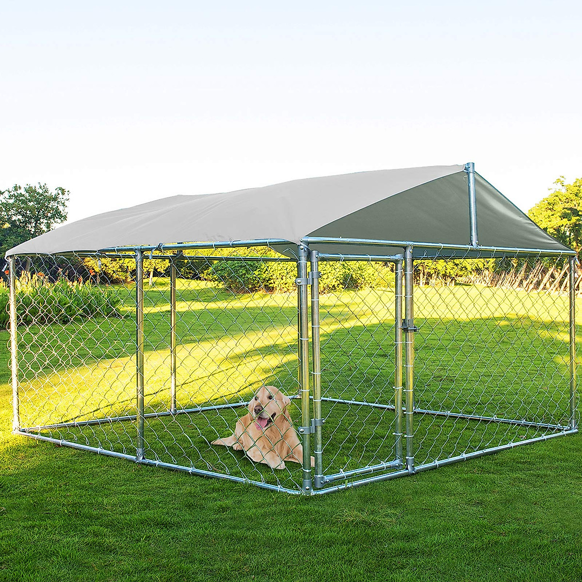 MAGIC UNION Dog Kennel Outdoor Metal Dog Cage Outside Dog Fence Pet Enclosure Fencing with Water-Resistant Cover Roof Backyard Dog Run House (Basic)