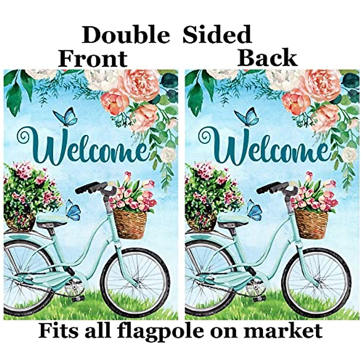 ShineSnow Welcome Spring Summer Bike Blossom Flowers Daisy Butterfly Seasonal Landscape Garden Yard Flag 12"x 18" Double Sided Polyester Welcome House Flag Banners for Patio Lawn Outdoor Home Decor
