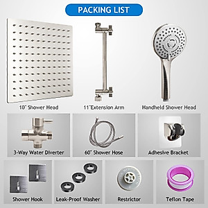 Shower Head Combo(Brushed Nickel),10'' High Pressure Rain Shower Head with 11'' Adjustable Extension Arm and 5 Settings Handheld,Powerful Shower Spray Against Low Pressure Water