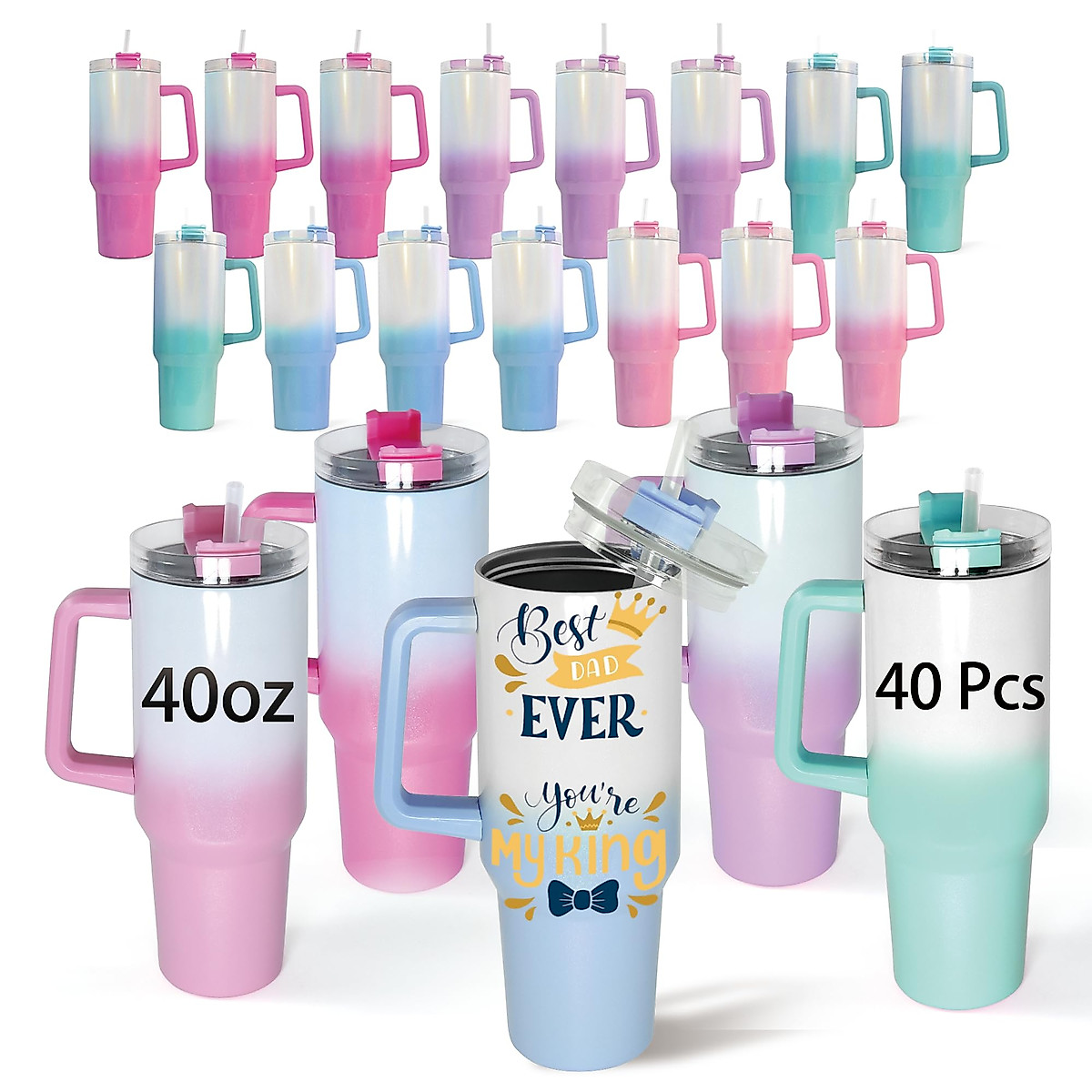 Icesip 40 oz Sublimation Tumbler 40 Pack with Handle Lid and Straw Gradient Glitter Stainless Steel Double Wall Vacuum Insulated Bulk Sublimation Blank Mixed Colors