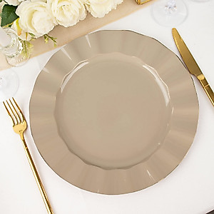 Efavormart 10 Pack | 11" Taupe Large Hard Plastic Dinner Plates With Gold Wavy Rim, Heavy Duty Disposable Dinnerware