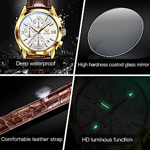 OLEVS Brown Leather Watch Men Chronograph Gold Case Analog Quartz Fashion Business Dress Large Face Men Watch Multifunction Luminous Waterproof Casual Male Wrist Watch White Dial Reloj para Hombre
