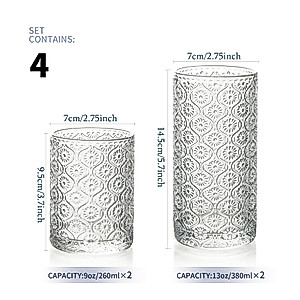 POLIDREAM Set of 4 Vintage Embossed Glass Cups | Art Deco Glassware | 2 Tall Crystal Tumblers & 2 Short DOF Glasses | Ideal for Whiskey, Beer, Juice, Water | Perfect for Home, Bars, Parties