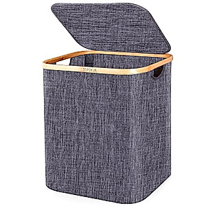 SUPDEJA 60L Laundry Hamper with Lid - Small Laundry Basket with Bamboo Handles, Dirty Clothes Hampers for Laundry with Lid, Collapsible Laundry Baskets for Clothes Storage and Bedroom
