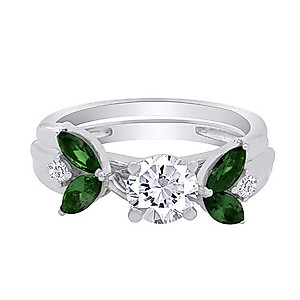 0.84 Carat Simulated Green Emerald & Cubic Zirconia Enhancer Guard 14K White Gold Over Sterling Silver Ring Size-6