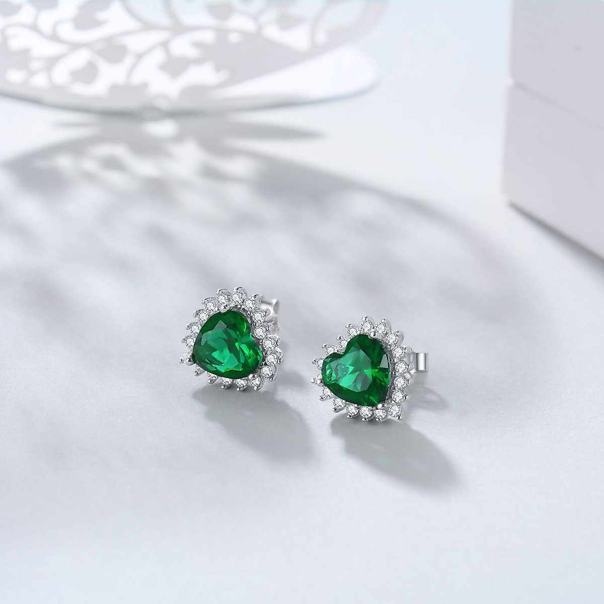 POPKIMI Emerald Earrings for Women Girls Sterling Silver Green Earrings Heart Shape Stud Earrings May Birthstone Earrings Jewelry Christmas Birthday Gift (May)