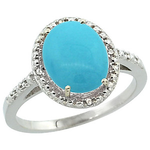 Sterling Silver Diamond Sleeping Beauty Turquoise Ring Oval 10x8mm, 1/2 inch wide, size 10