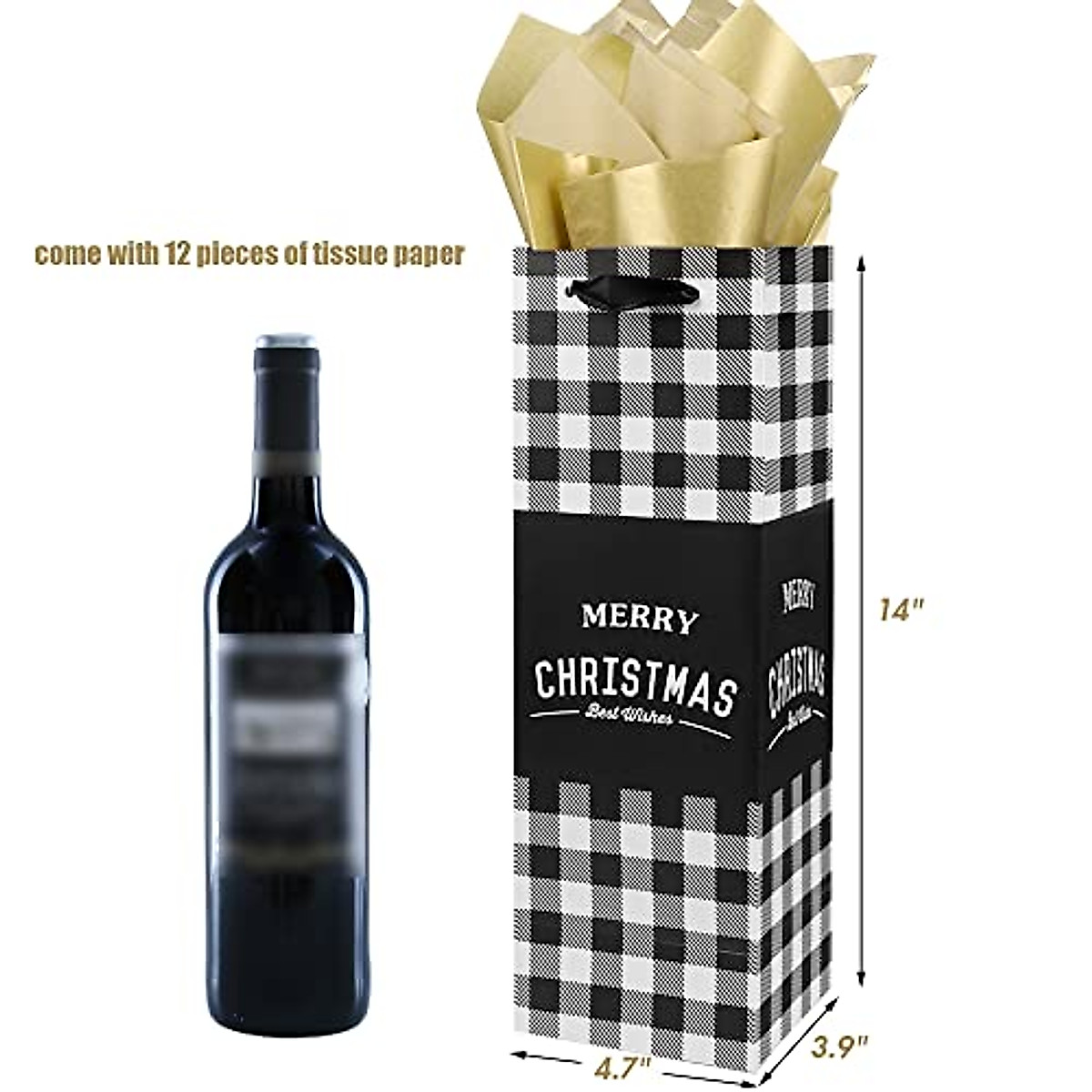 Lulu Home Christmas Bottle Gift Bags, Set of 12 Buffalo Plaid Wrapping Bags with Golden Tissue Paper, Xmas Bottle Gift Bags with Ribbon Handles, 13.9" x 4.7" x 3.9"