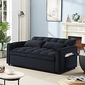 FANYE 3 in 1 Loveseat Pull Out Sleeper Bed, Compact 2 Seater Futon Adjustable Backrest Love Seat Sofa & Couch Convertible Sleep Daybed for Living Room Sofabed, Black Full W/Cupholders and USB Port