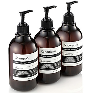 Mia home - 17.5 oz Refillable Empty Amber PET Plastic Bottle Set - 3 Bottles only with Labels, Shampoo & Conditioner & Shower Gel, Silcone Funnel
