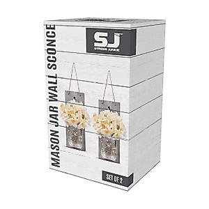 Hanging Mason Jar Wall Decor Sconce with LED Fairy Lights, Rustic Wood with Beautiful Pink and Cream Flowers Included for Home, Kitchen, Bathroom, Bedroom, Farmhouse & Girls Room Decorations