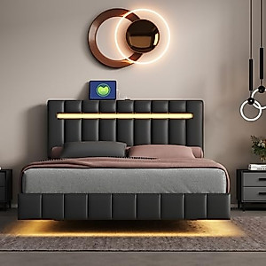 anwickjeff Queen Size Floating Bed Frame with LED Lights and USB Charging,Modern Queen Upholstered Platform LED Bed Frame with Headboard, Low Profile Platform Bed for Bedroom, (Black, Queen)