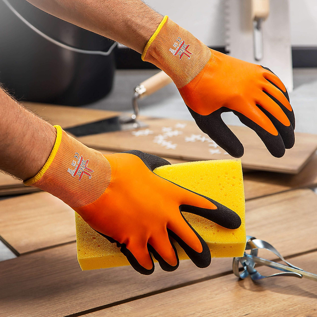 SAFEAT General Waterproof Work Gloves for Men and Women – Flexible, Double Coated Latex, Multipurpose, Sandy Grip Foam 1 Pair (Medium)