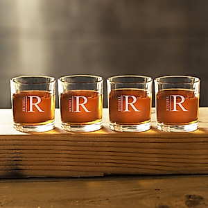 Set of 4 Monogrammed Lowball Glasses for Whiskey, Scotch, Tequila - Bar Glasses Sets for Home - Father’s Day Gift for Dad, Husband, Boyfriend (Classic Monogram)