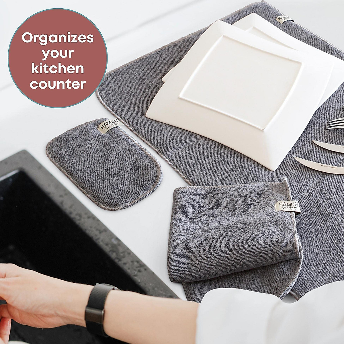 HAMUR Kitchen Dish Drying Mat 3-Set, Super Absorbent Drainer Mats for Kitchen Counter, Multiuse Draining dishes Pad with cleaning rug & dish sponge, under dish rack & sink pad