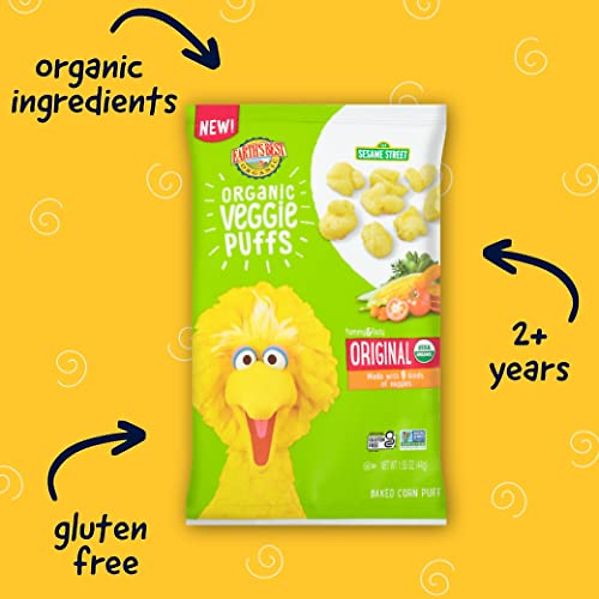 Earth's Best Organic Kids Snacks, Sesame Street Toddler Snacks, Organic Veggie Puffs, Gluten Free Snacks for Kids 2 Years and Older, Original, 1.55 oz Bag (Pack of 4)