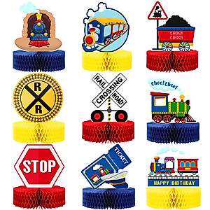 9 Pcs Railroad Train Crossing Theme Honeycomb Centerpieces Party Decorations Railway Train Centerpiece Decoration Birthday Railroad Crossing Sign Table Topper Kids' Party Centerpieces Photo Booth Prop