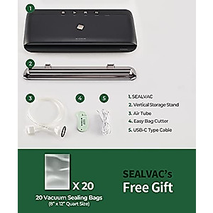 SEALVAC Cordless Vacuum Sealer Machine, Automatic and Compact Design Food Sealer with Vertical Stand, Portable, Sous Vide, Wine & Container Air Sealing Includes 20 Sealing Bags 8"X12" (Black (with vertical stand))