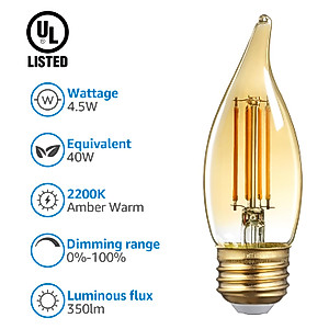 TORCHSTAR Dimmable E26 LED Candelabra Bulbs, C35 LED Chandelier Light Bulb, UL Listed, 2200K Amber Warm, 4.5W(40W Eqv.), 350lm, Ceiling Fan Light Bulbs, Damp Location, 2 Years Warranty, Pack of 6