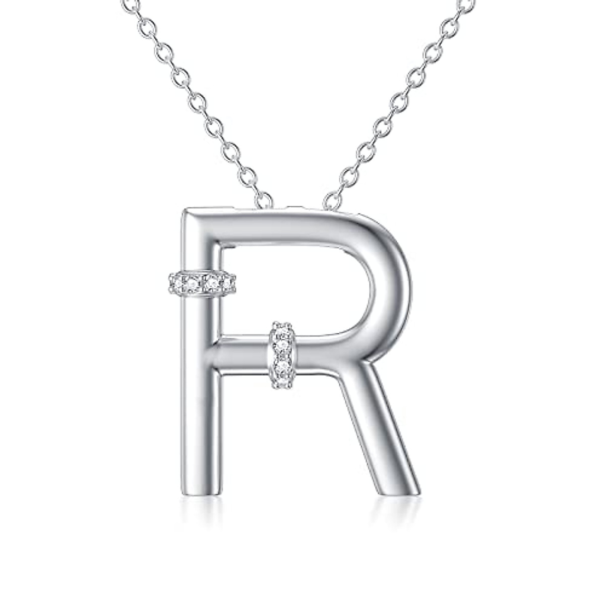 Natural Diamond Initial Necklace 14K White Gold Plated A-Z Letter R Alphabet Pendant 925 Sterling Silver Jewelry Gift for Women Wife Mom Girl (R)
