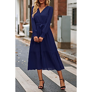 PRETTYGARDEN Women's Floral Print Boho Dress Long Sleeve Wrap V Neck Ruffle Belted A-Line Flowy Maxi Dresses (Solid Navy,X-Large)