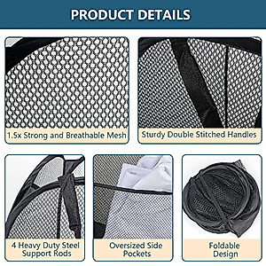 DEDU 3 Pack Pop-Up Laundry Hamper Large Foldable, Portable Mesh Laundry Basket with Handles and Side Pocket, Popup Laundry Bags Extra Large Heavy Duty for Travel and College Dorm (Black-White-Gray)