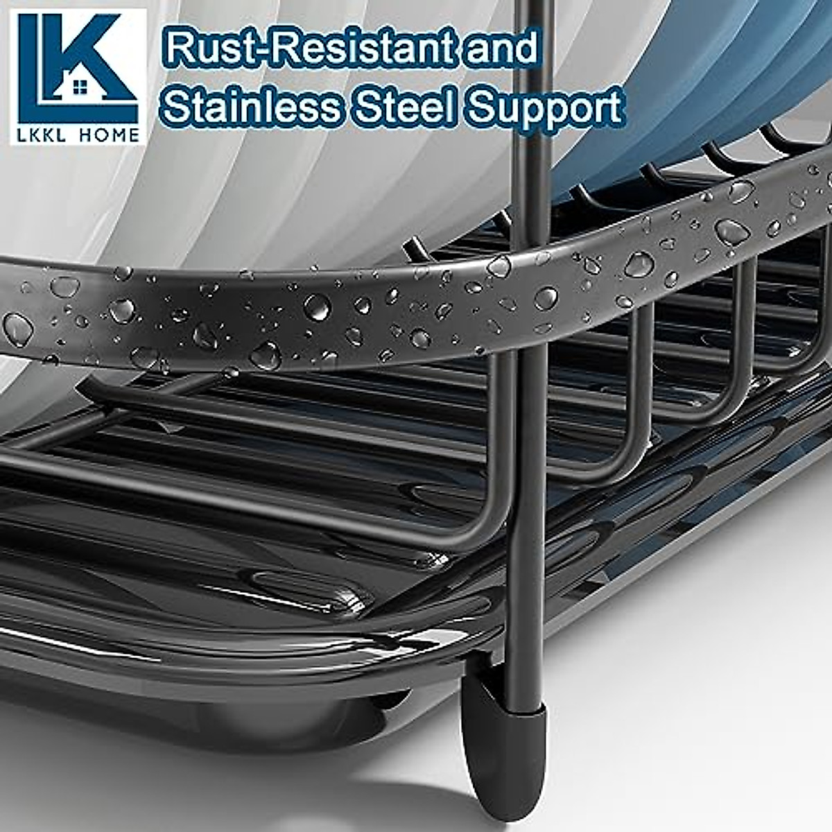 LKKL Dish Drying Rack, Large Capacity Dish Rack for Kitchen Counter, Extendable Dish Rack, Anti-Rust Stainless Steel Dish Drainer with Utensil Holder Cups Holder, Black