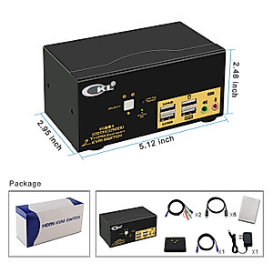 CKL KVM Switch Triple Monitor DisplayPort 2 Port 4K 60Hz 4:4:4, 2x3 DP KVM Switch with Audio and USB 2.0 HUBs, Model Number: CKL-623DP