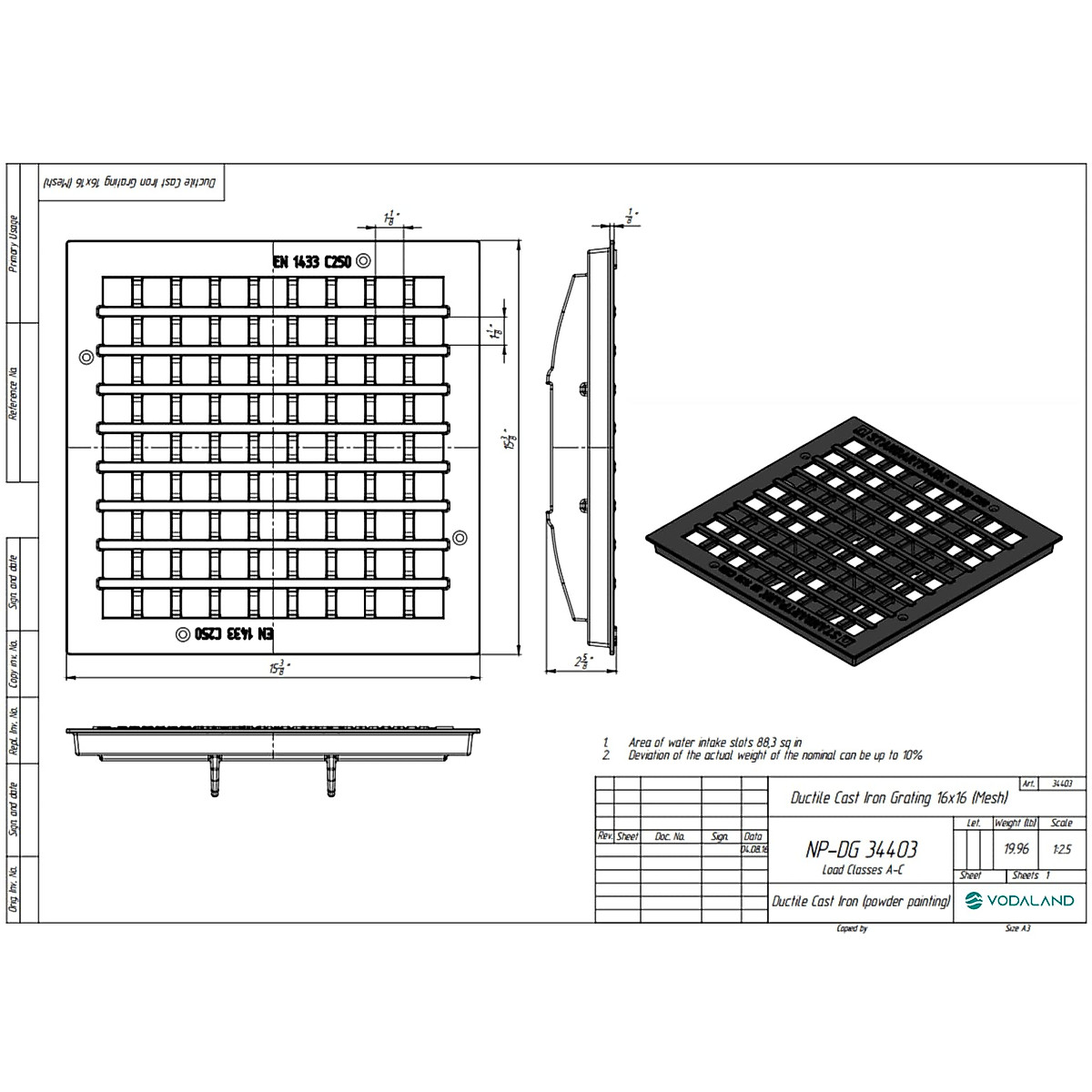 Vodaland 16x16 Large Catch Basin with Sediment Basket and Ductile Cast Iron Grate SWI8473