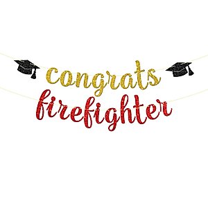 Maicaiffe Congrats Firefighter Banner- Future Fireman Sign Party Supplies - Congrats Fire Department Fire Academy Graduation Firefighter Grad Banner Decor Gold Red Glitter