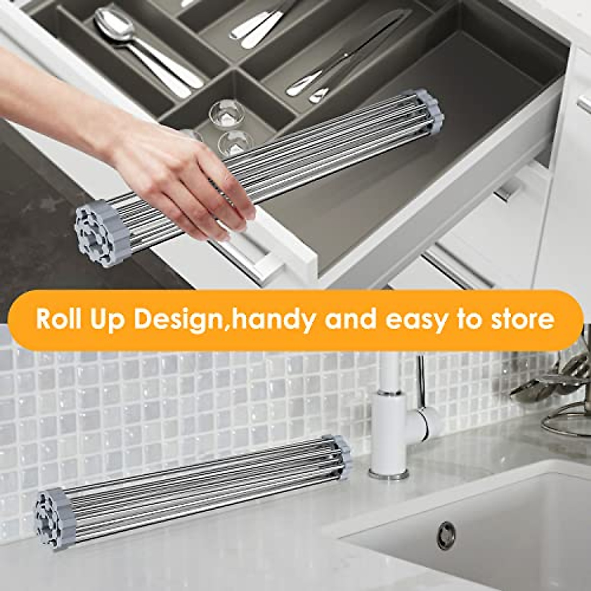 Bekhic Dish Drying Rack,Over The Sink Multipurpose Roll-Up Dish Drying Rack, Made of Heavy Duty Silicone Wrapped Steel Rods, Portable Dish Rack Dish Drainer Foldable