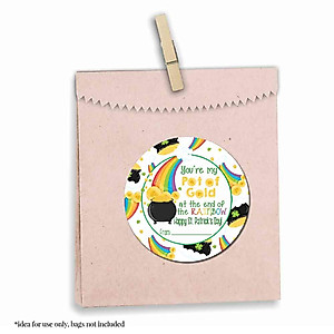 Pot of Gold Rainbow St. Patrick’s Day Gift Tag Sticker Labels, 40 2" Party Circle Stickers by AmandaCreation, Great for Party Favors, Envelope Seals & Goodie Bags